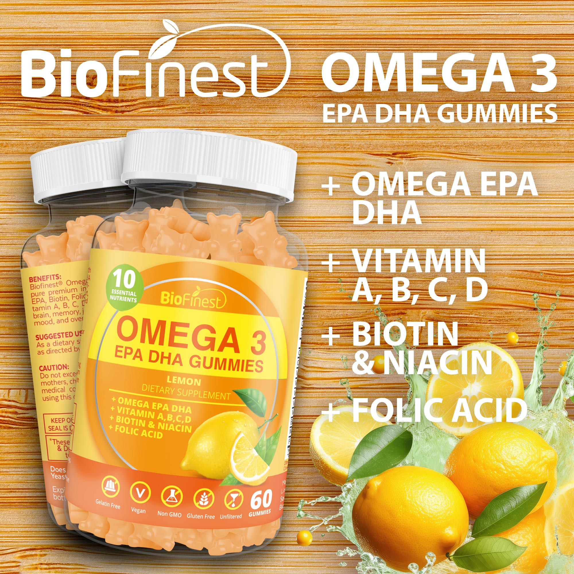 Biofinest Omega 3 EPA DHA Gummy Supplement - Biotin Folic Acid Vitamin ...