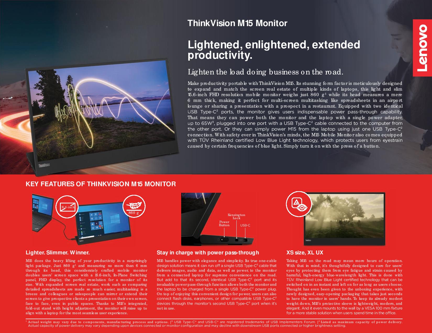 ThinkVision M15 | 62CAUAR1WW | 15.6" FHD (1920x1080) IPS | 60Hz 250nits ...