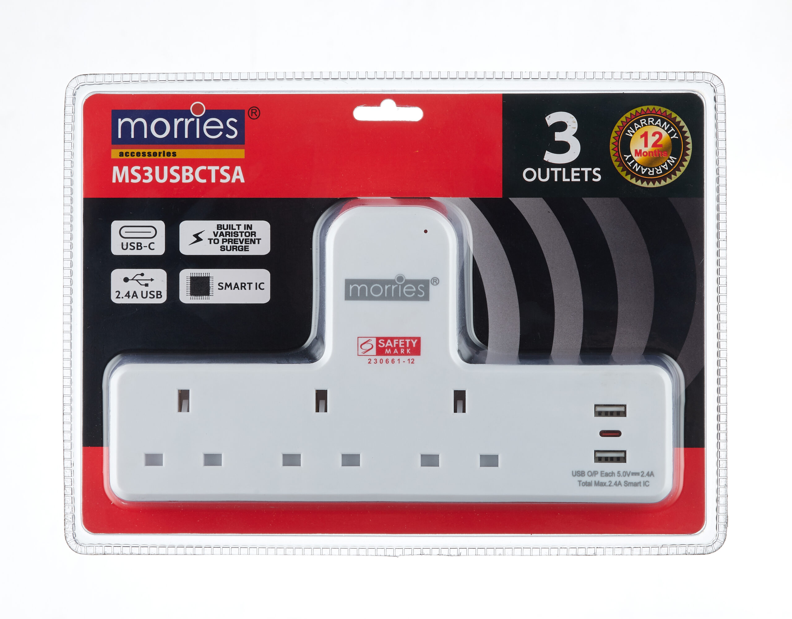 Morries T-Shape Power Extension Socket Adapter MS3TSA MS3USBCTSA with 2 ...