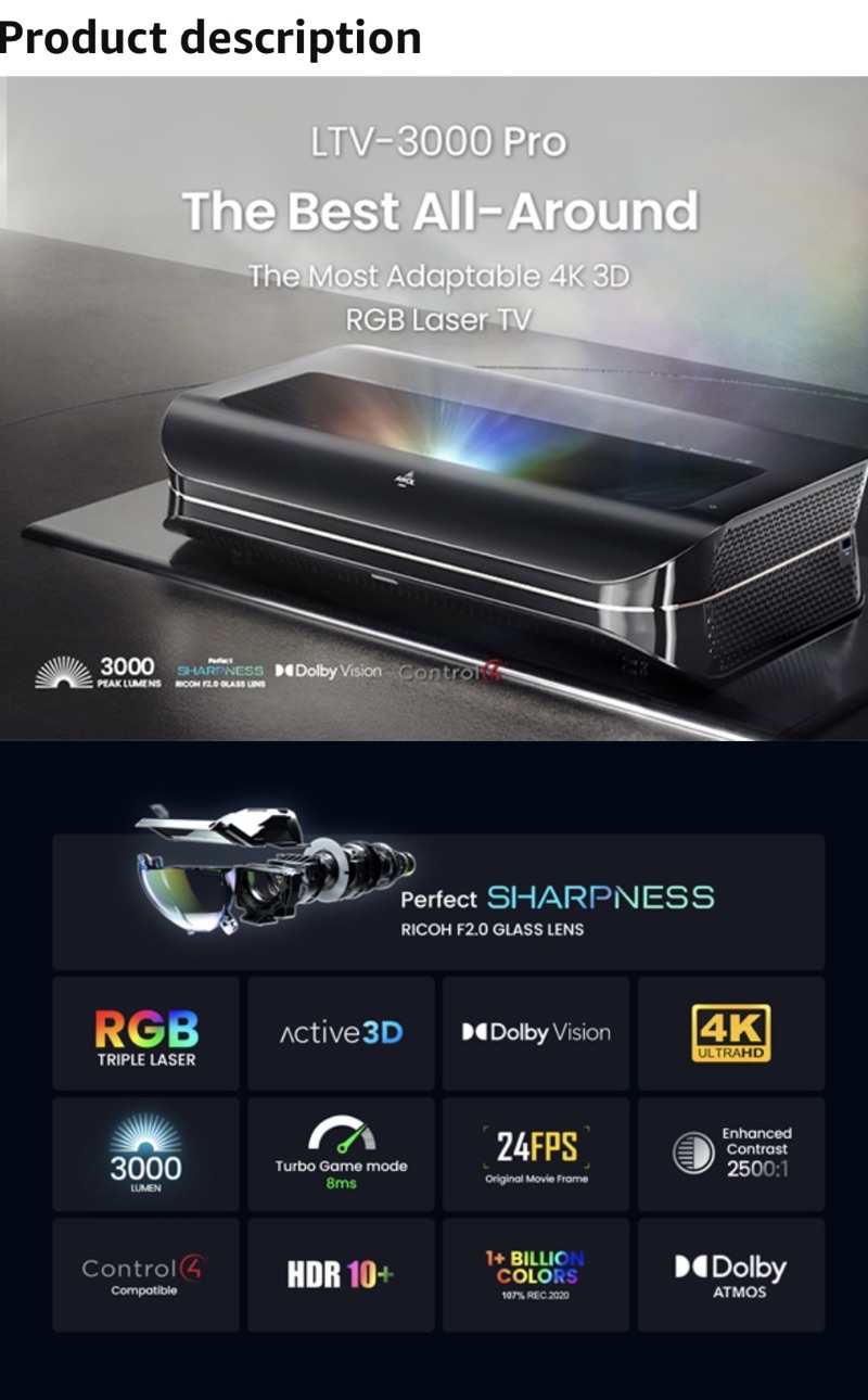 AWOL VISION LTV-3000 Pro 4K 3D Ultra Short Throw Triple Laser Projector ...