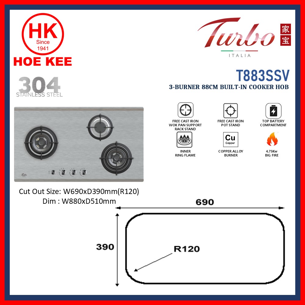 (BUNDLE) TURBO 3 BURNER GAS HOB + TURBO INCANTO TSL-902T-2 BK/SS 90CM HOOD | Shopee Singapore
