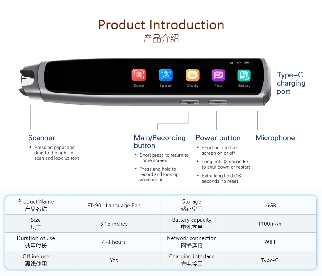 iFLYTEK ET-901 Language Pen - AI-Powered Dictionary Pen, Bilingual Translator, Powerful Learning ...