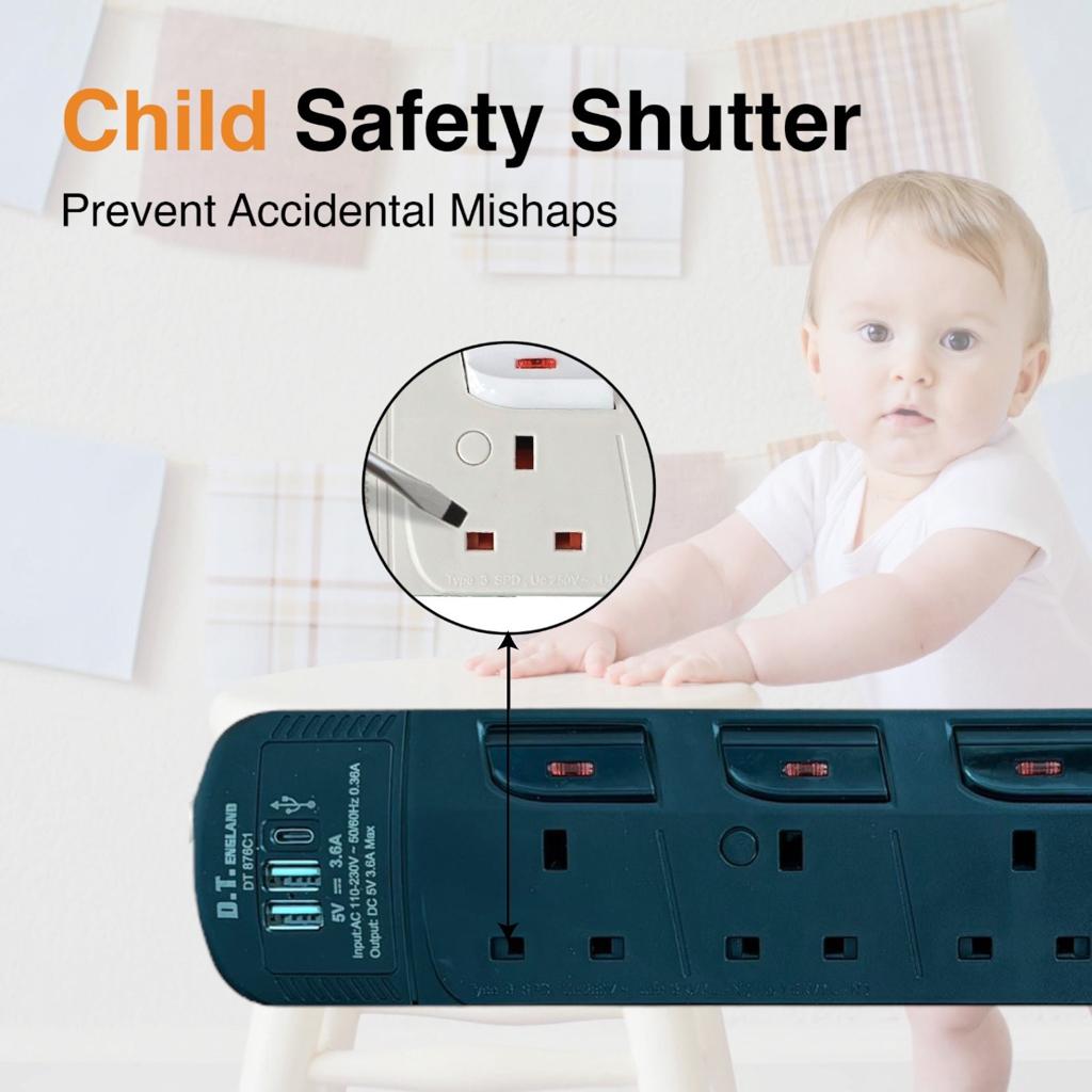 DT England 3 USB Extension Socket W/TYPE-C Charger & LED Surge ...
