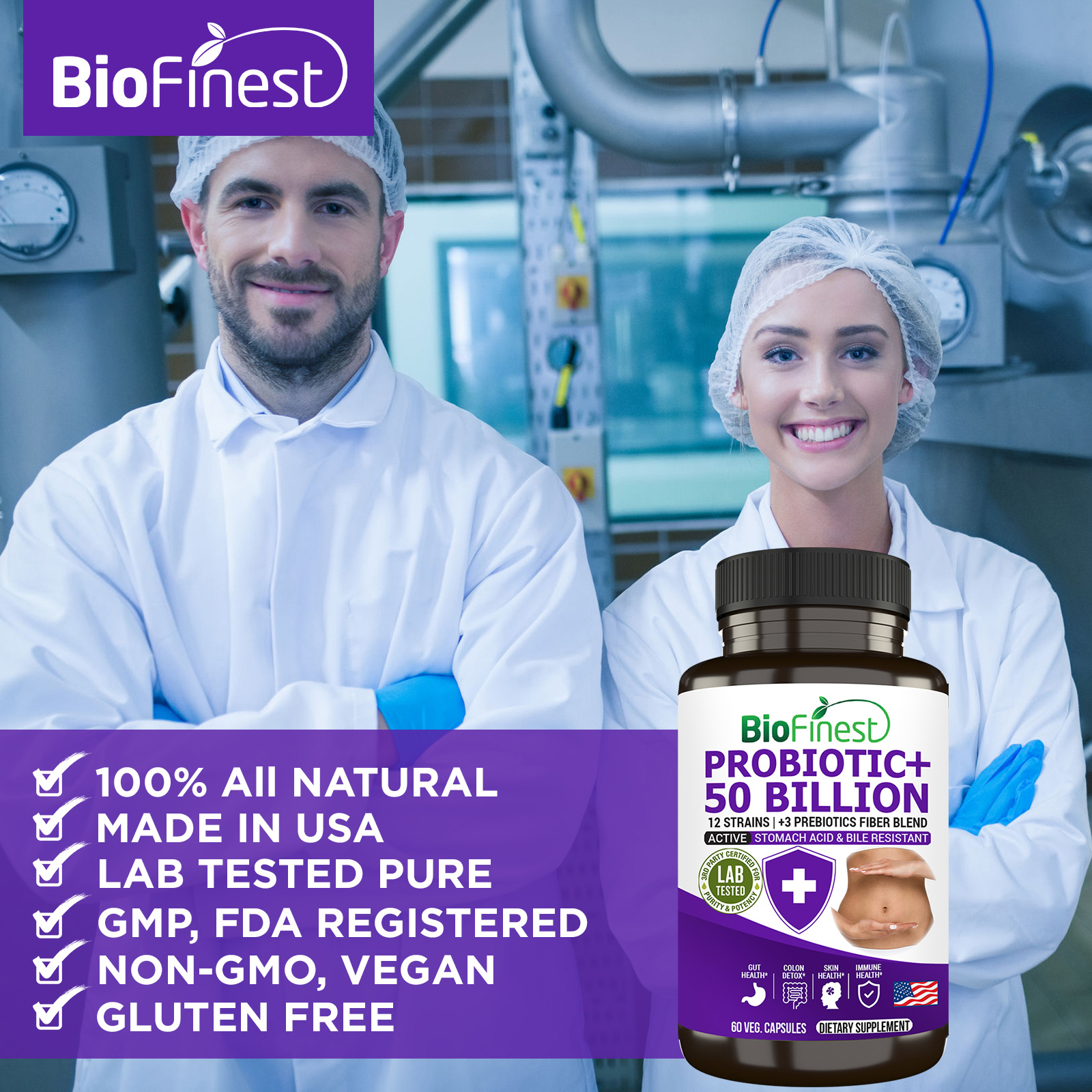 Biofinest Probiotic 50 Billion CFU Enzyme Supplement 12 + 3 Prebiotics ...