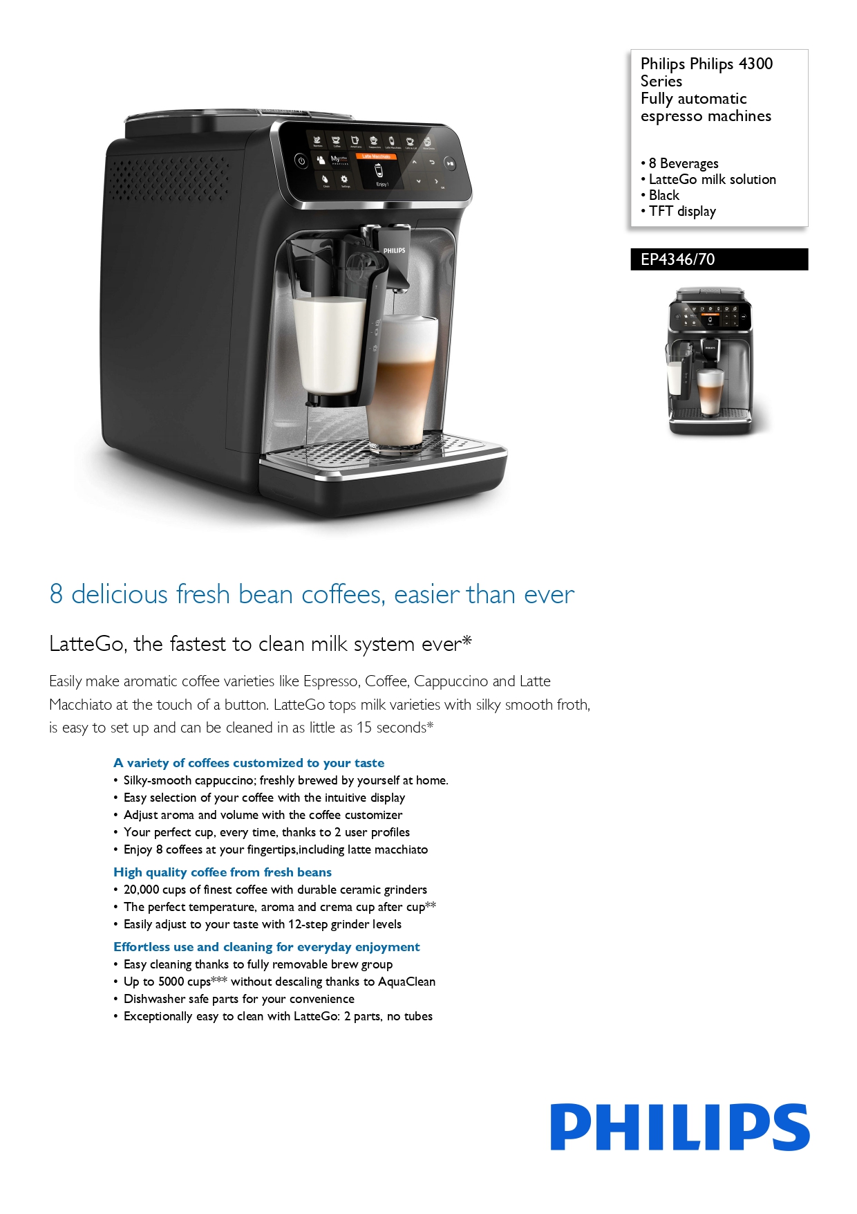PHILIPS LatteGo Series 4300 Fully Automatic Espresso Machine - EP4346 ...