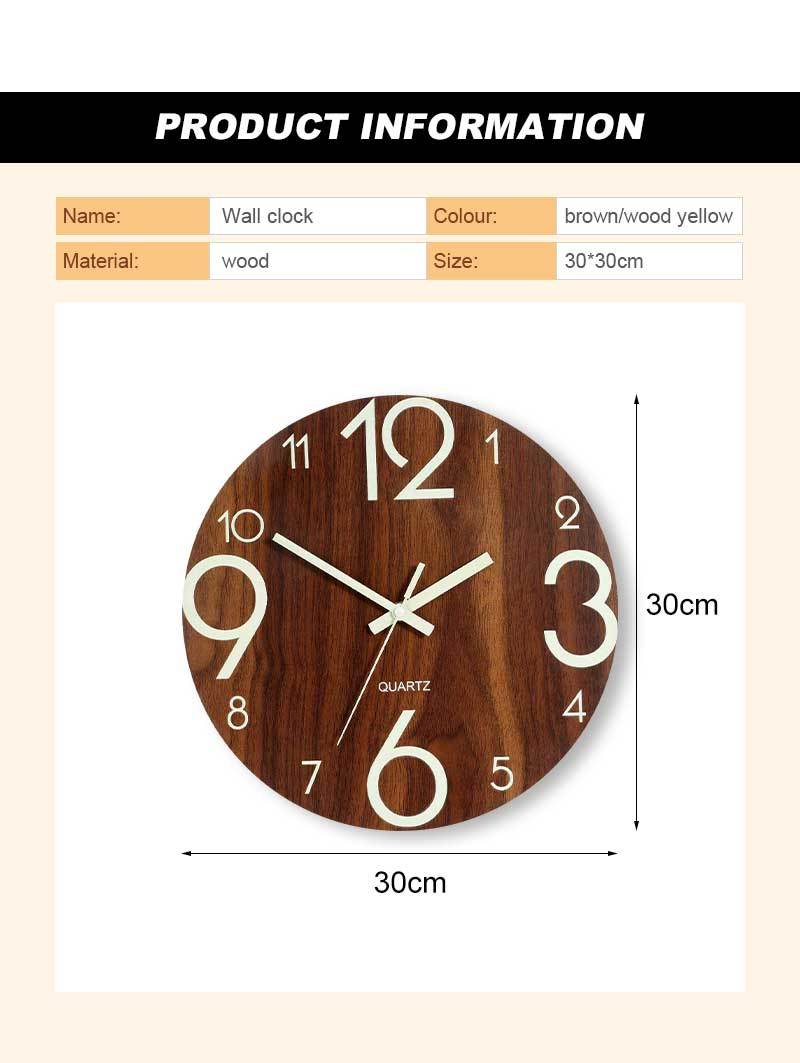 12 Inch Luminous Minimalist Designer Wooden Quartz Wall Clock Dark ...