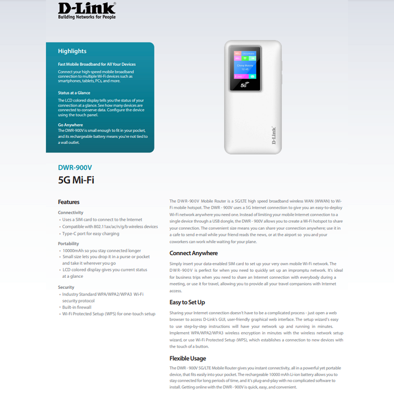 D-Link Wifi 6 DWR-900V 5G Router MiFi Mobile 5G Sim Card Router with ...