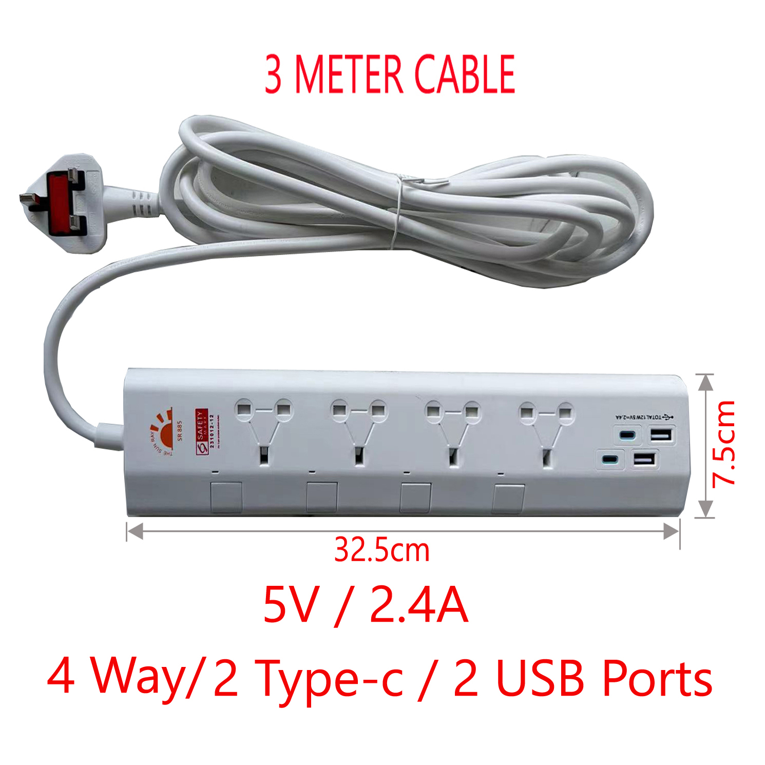 THE SUN RAY Electrical Extension Socket Plug with 2xUSB-A & 2xUSB-C ...