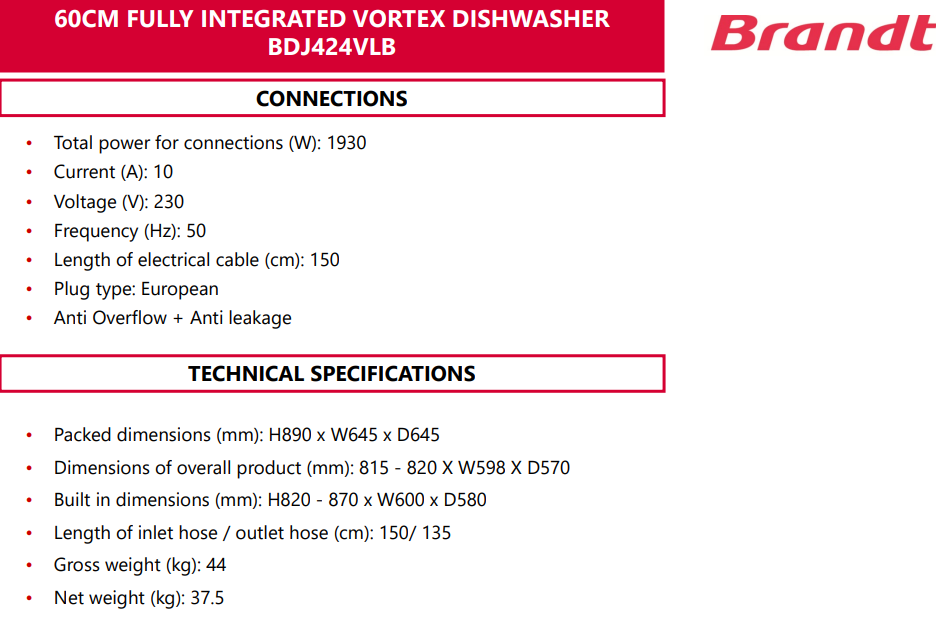 BRANDT BDJ424VLB 60CM 14 PLACE SETTINGS FULLY INTEGRATED VORTEX BUILT ...