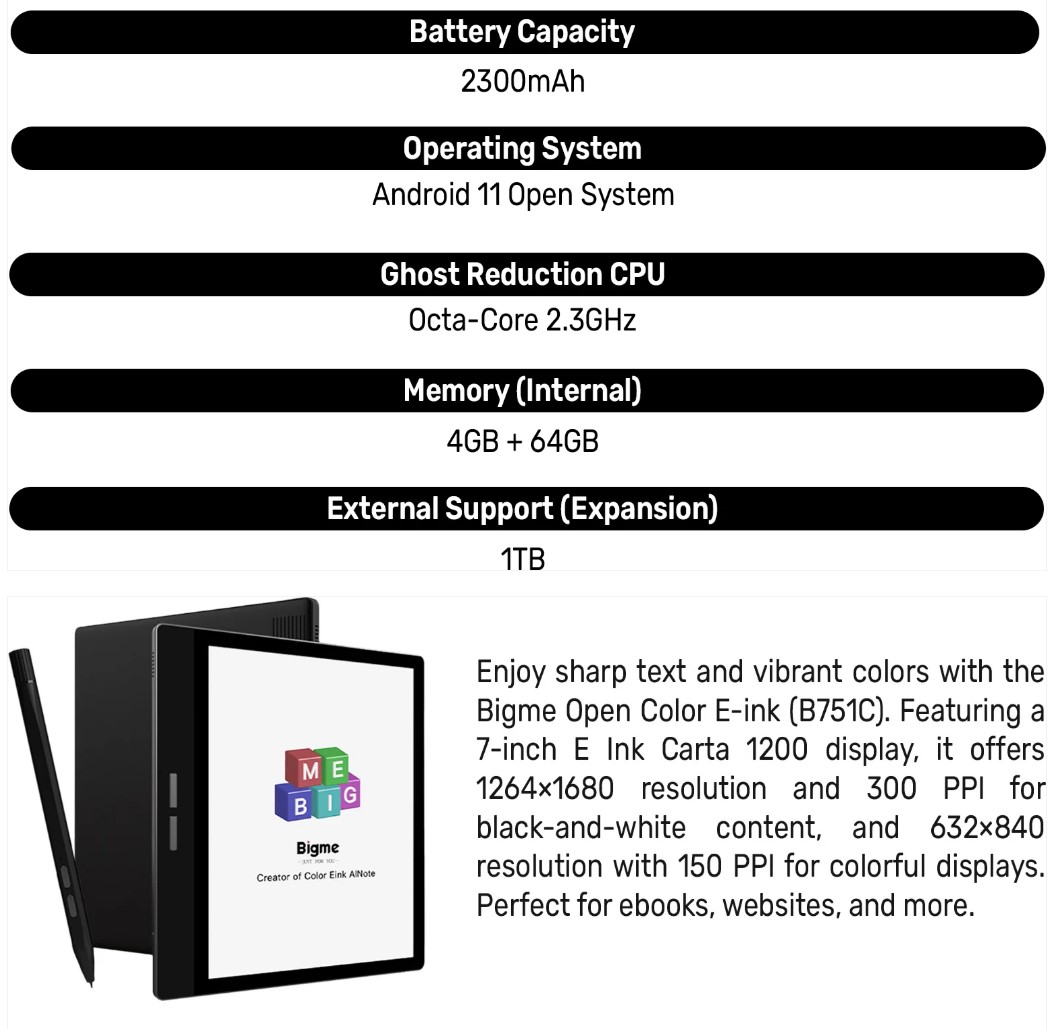 Bigme 7" Full Color E-Ink Tablet - ChatGPT Digital Notebook Smart E ...