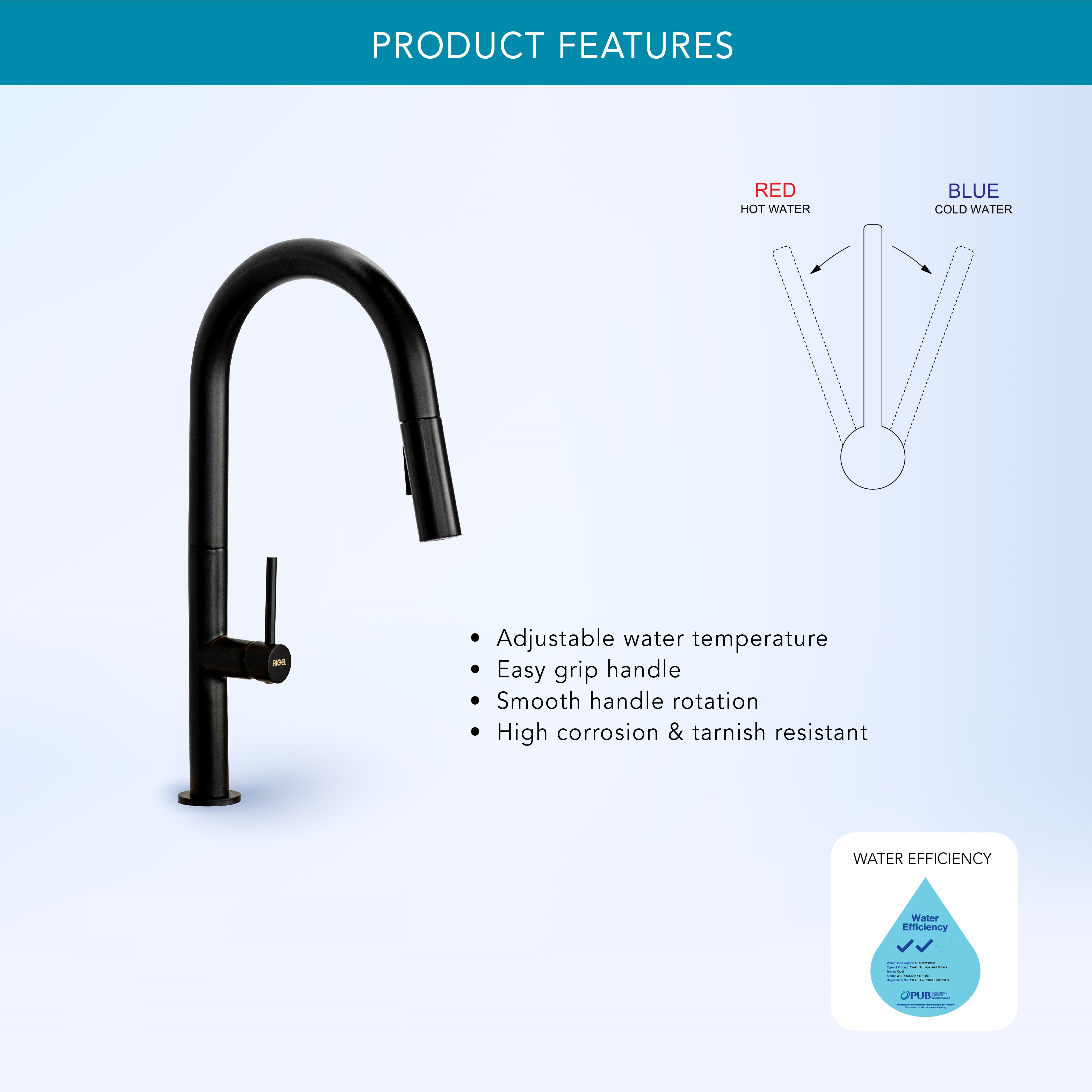 [P.O] RIGEL Matte Black Kitchen Pull-out Faucet Mixer Tap MXK1141P (BM ...