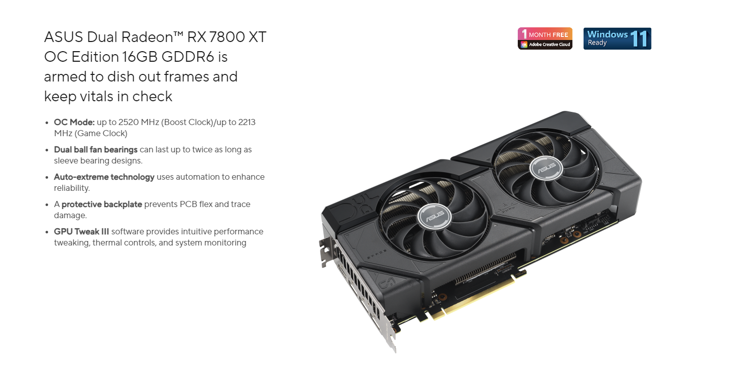 ASUS Dual Radeon RX 7800 XT RX7800 XT RX 7800XT OC Edition 16GB GDDR6 ...