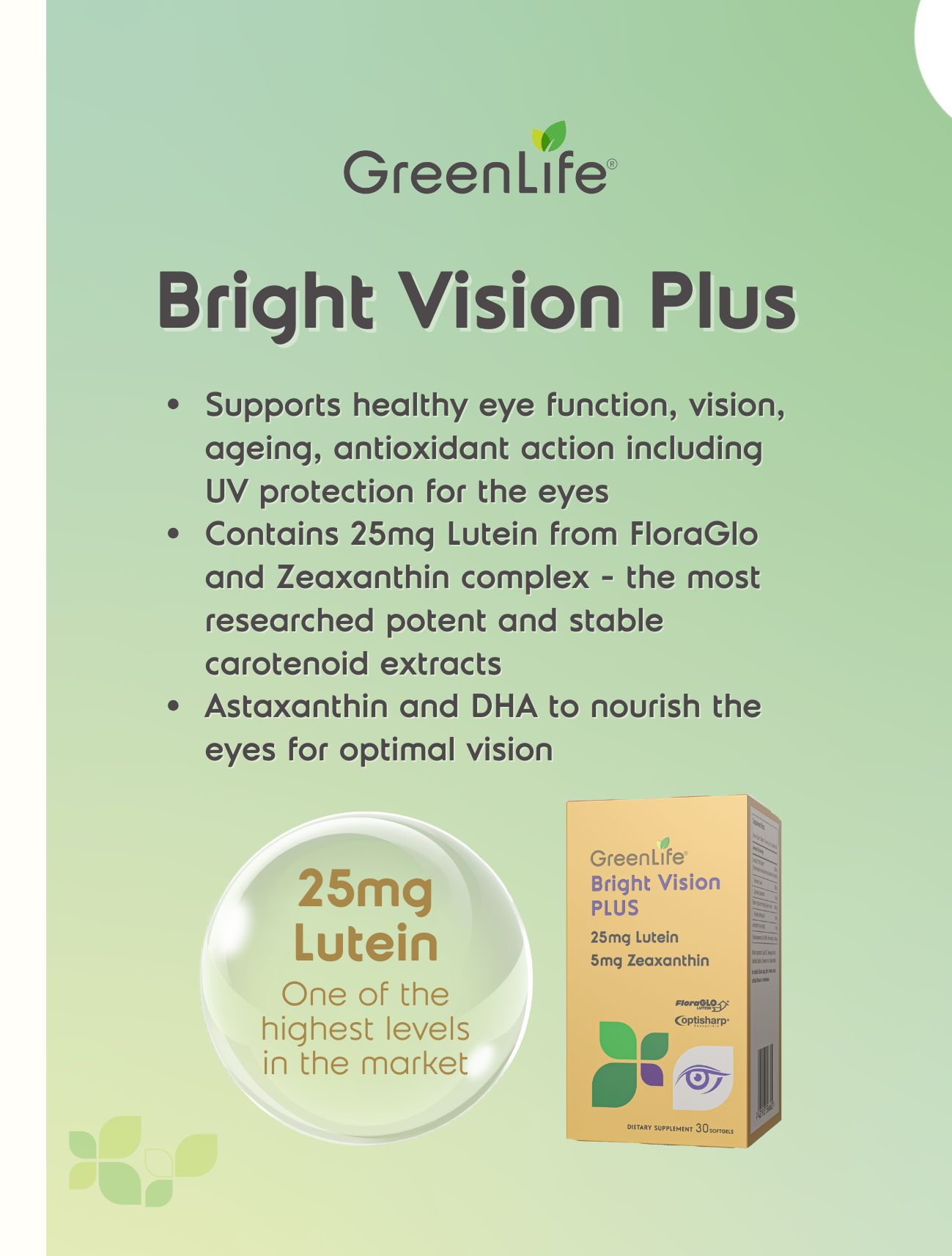 GreenLife Bright Vision Plus 25mg Lutein 30 Softgels (Contains FloraGLO ...