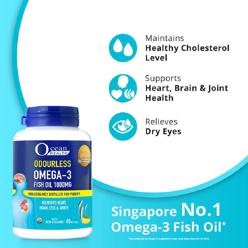 OCEAN HEALTH Odourless Omega-3 Fish Oil Softgel 1000mg (For Heart, Brain, Eyes & Joints + Halal ...