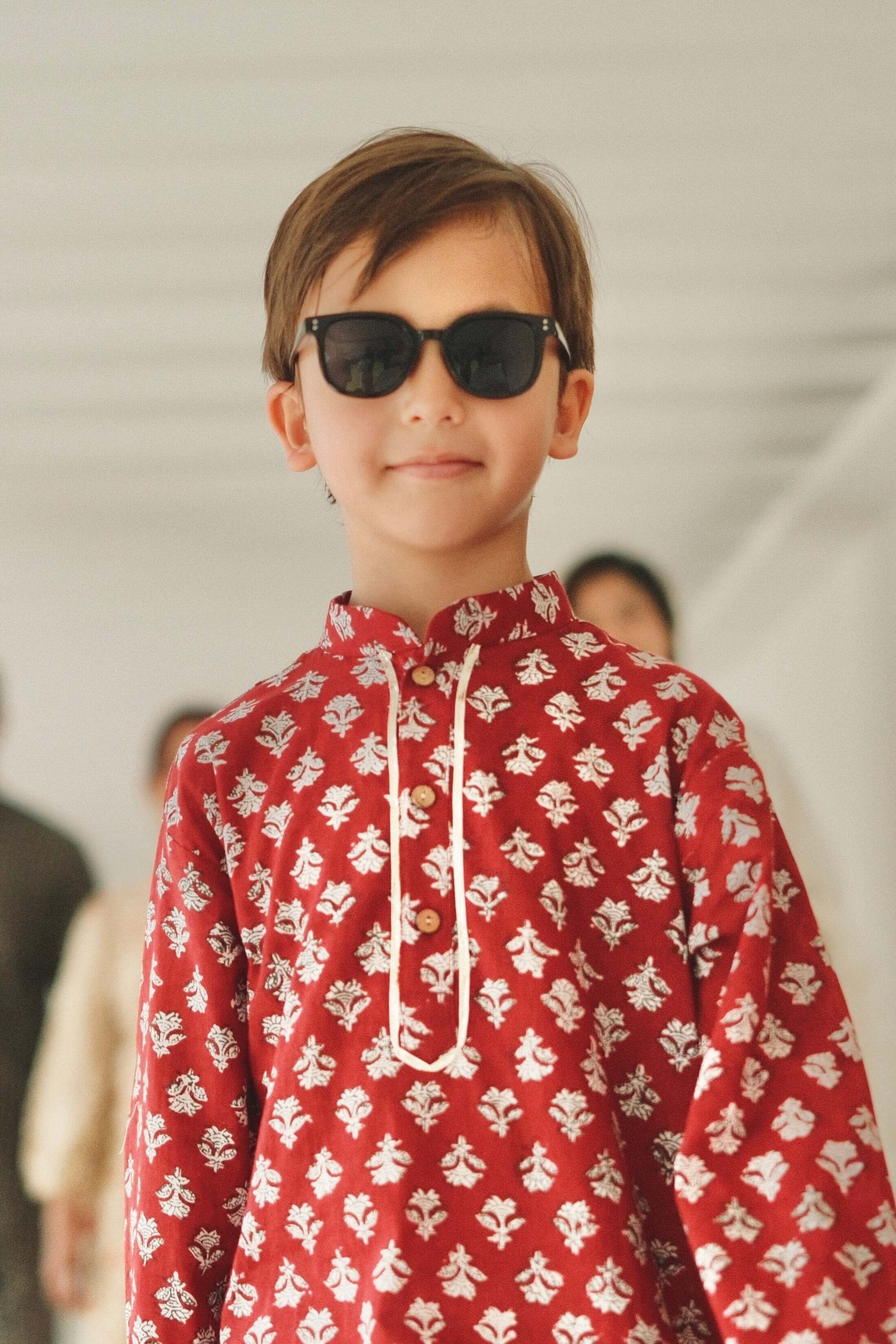 NIMBU Jashn Handblock Booti Maroon Boys Kurta Dhoti in Cotton Muslim ...