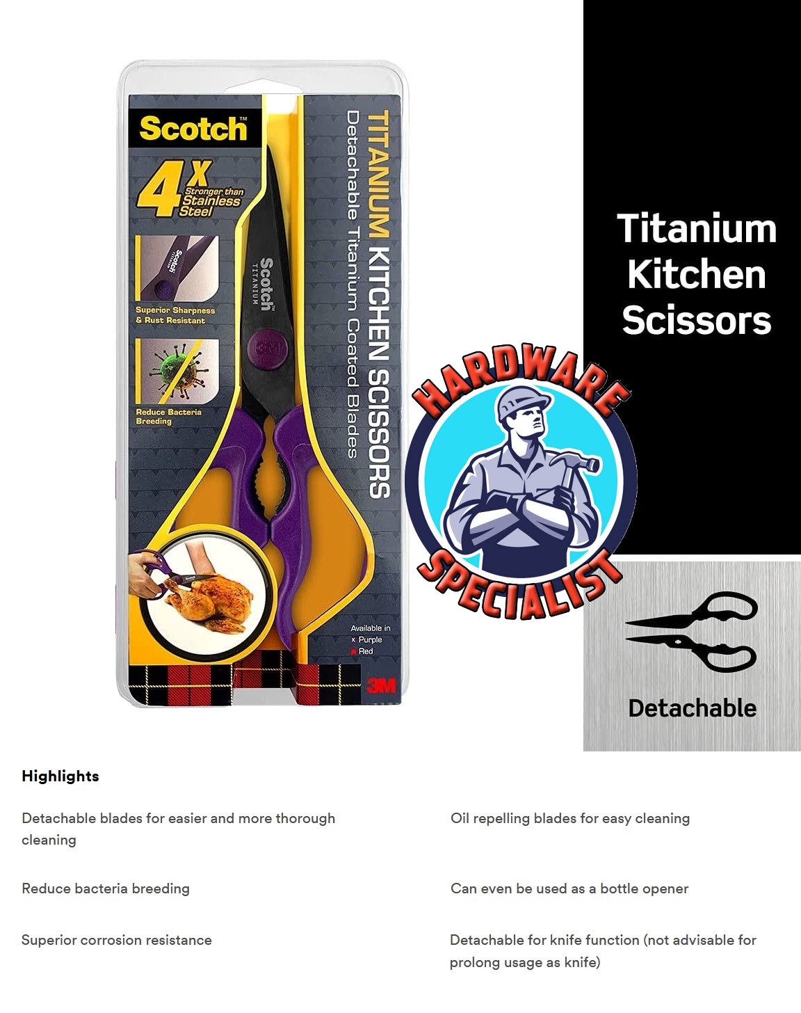 3M Scotch Kitchen Titanium Detachable Scissors [Red / Purple] / Non ...