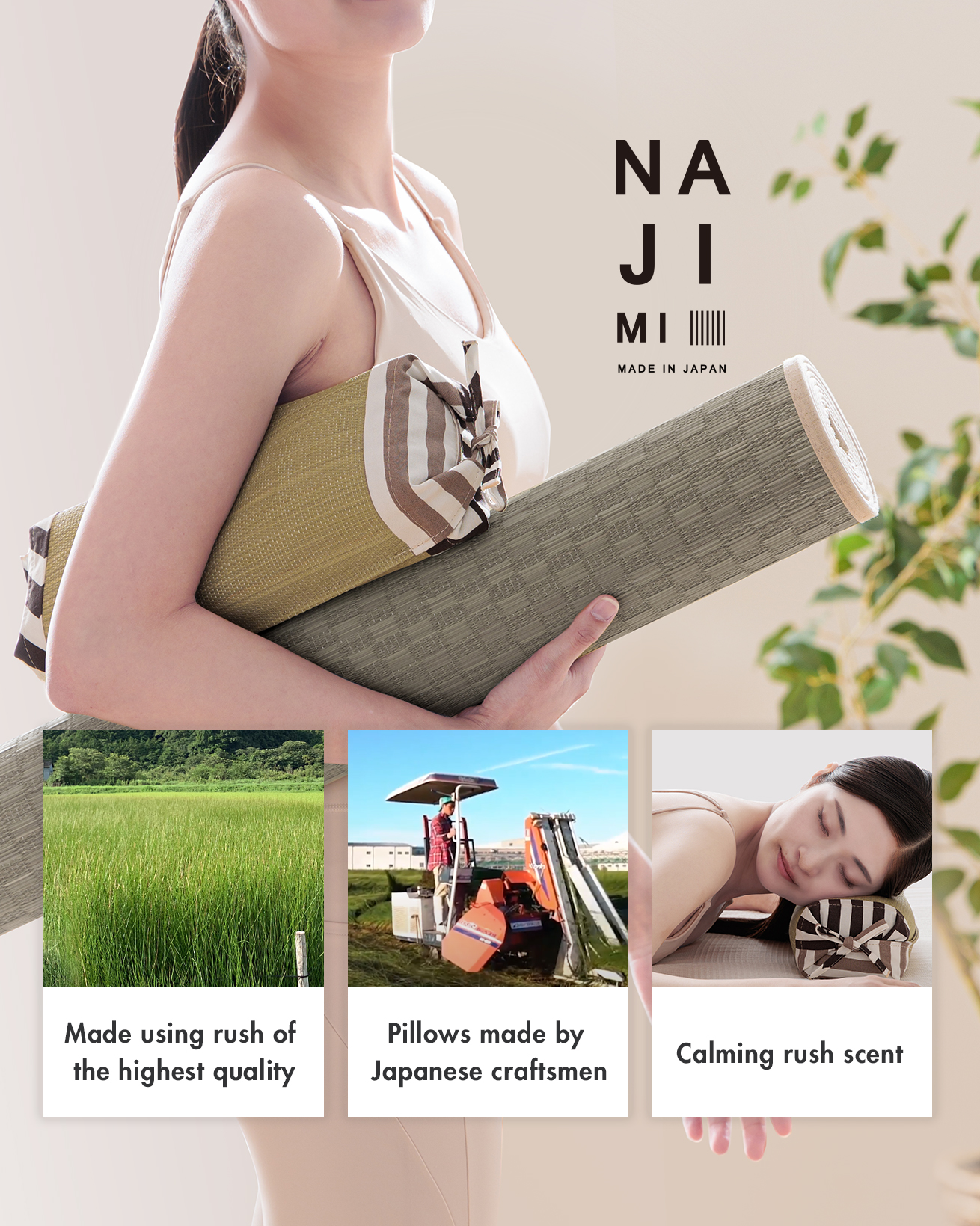 NAJIMI Tatami Igusa Natural Neck Pillow 30×15㎝ made in Japan For As a ...