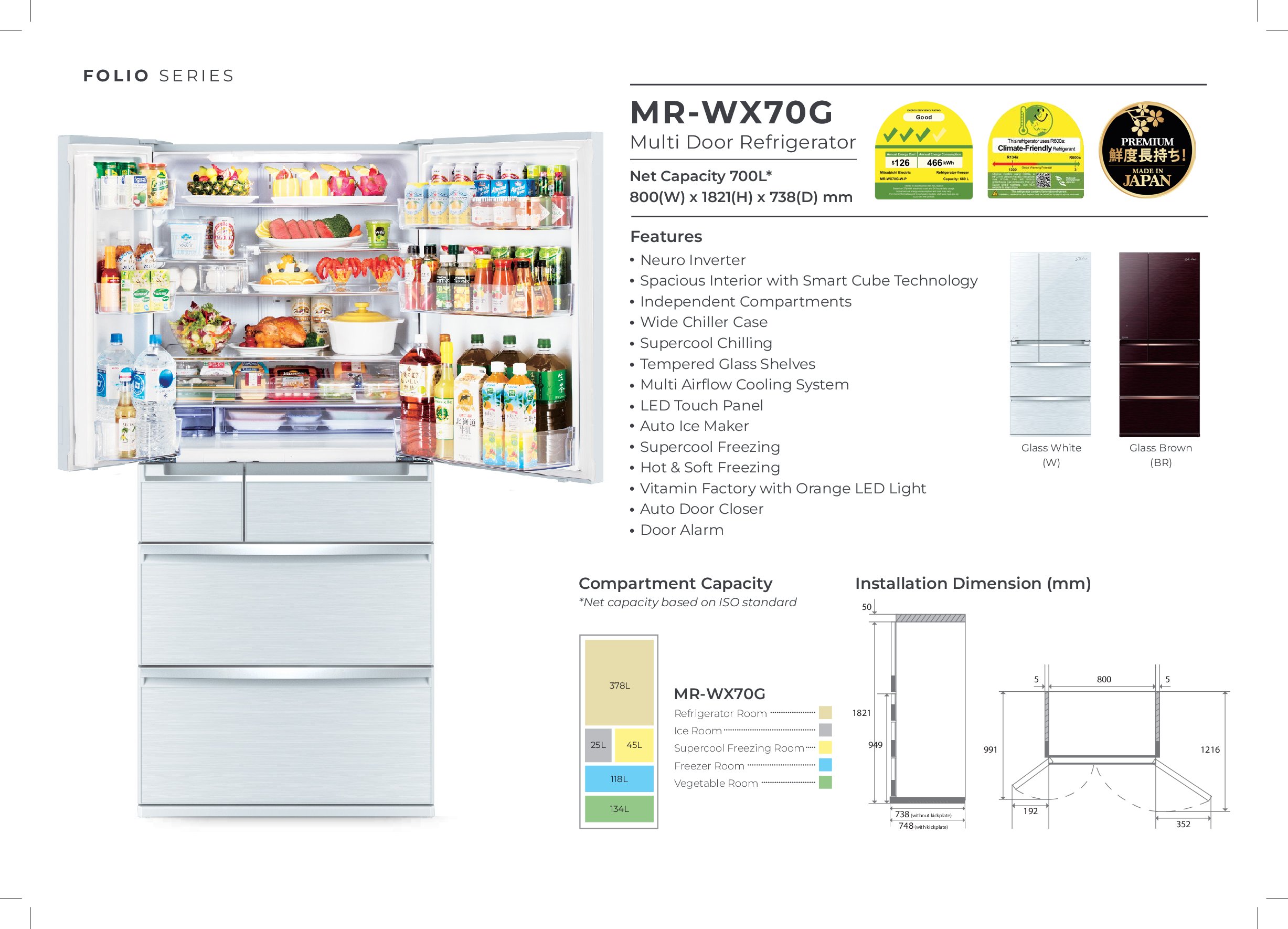 MITSUBISHI MR-WX70G-W-P 689L 6 DOOR FRIDGE GLASS WHITE 3 TICKS ...