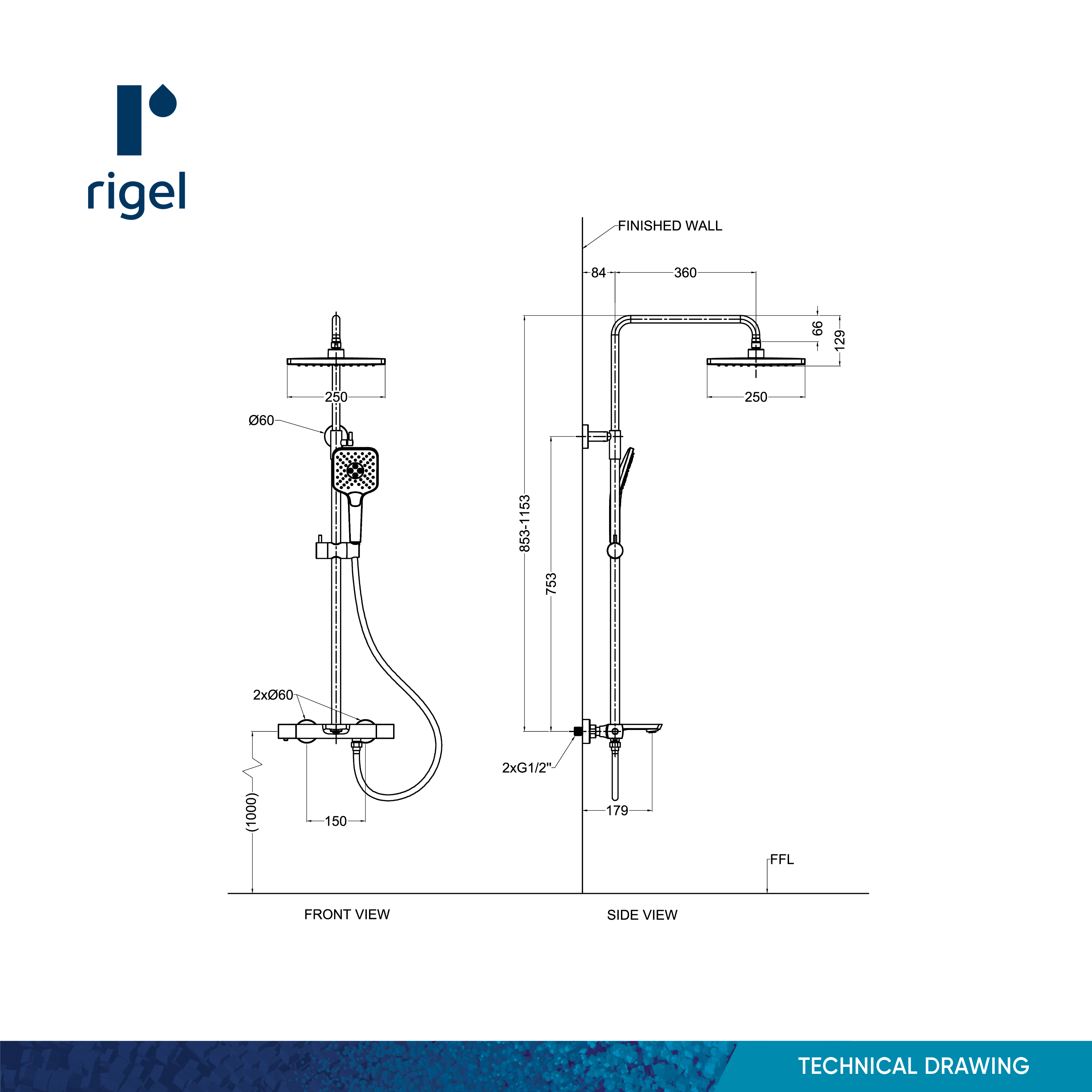 RIGEL Thermostatic Brushed Copper Rain Shower Set TSME14459T (BrCu ...