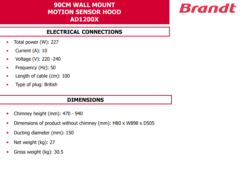 BRANDT AD1200X 90CM WALL MOUNT MOTION SENSOR HOOD + 2 YEARS WARRANTY ...