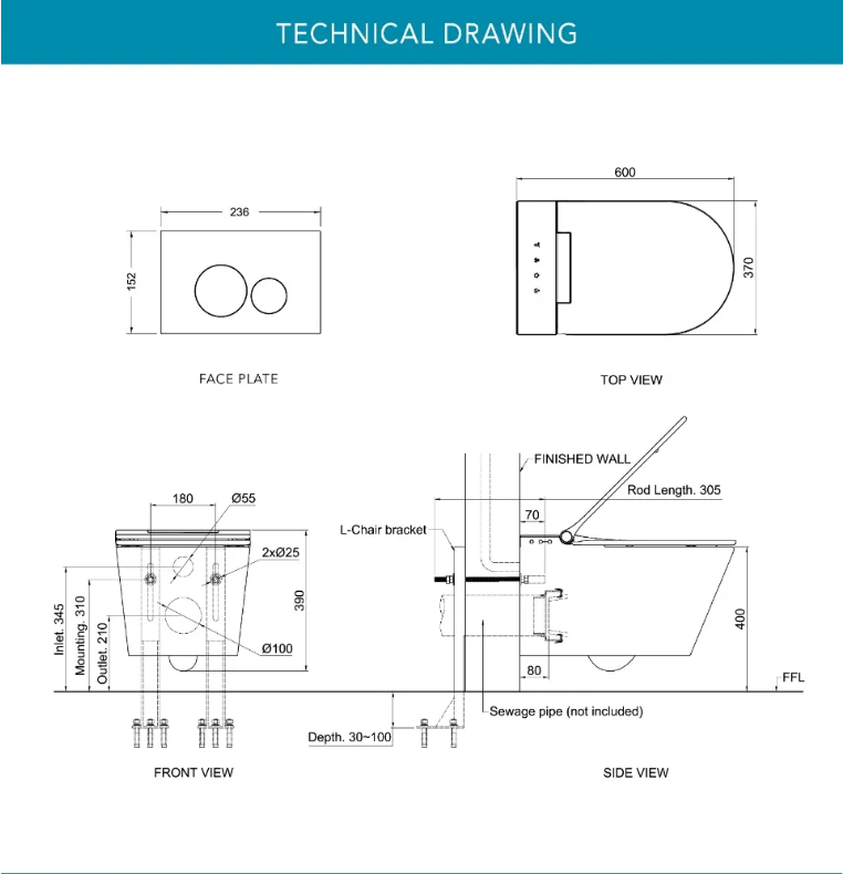 RIGEL Gallant Smart Wall Hung Toilet Bowl complete with concealed ...