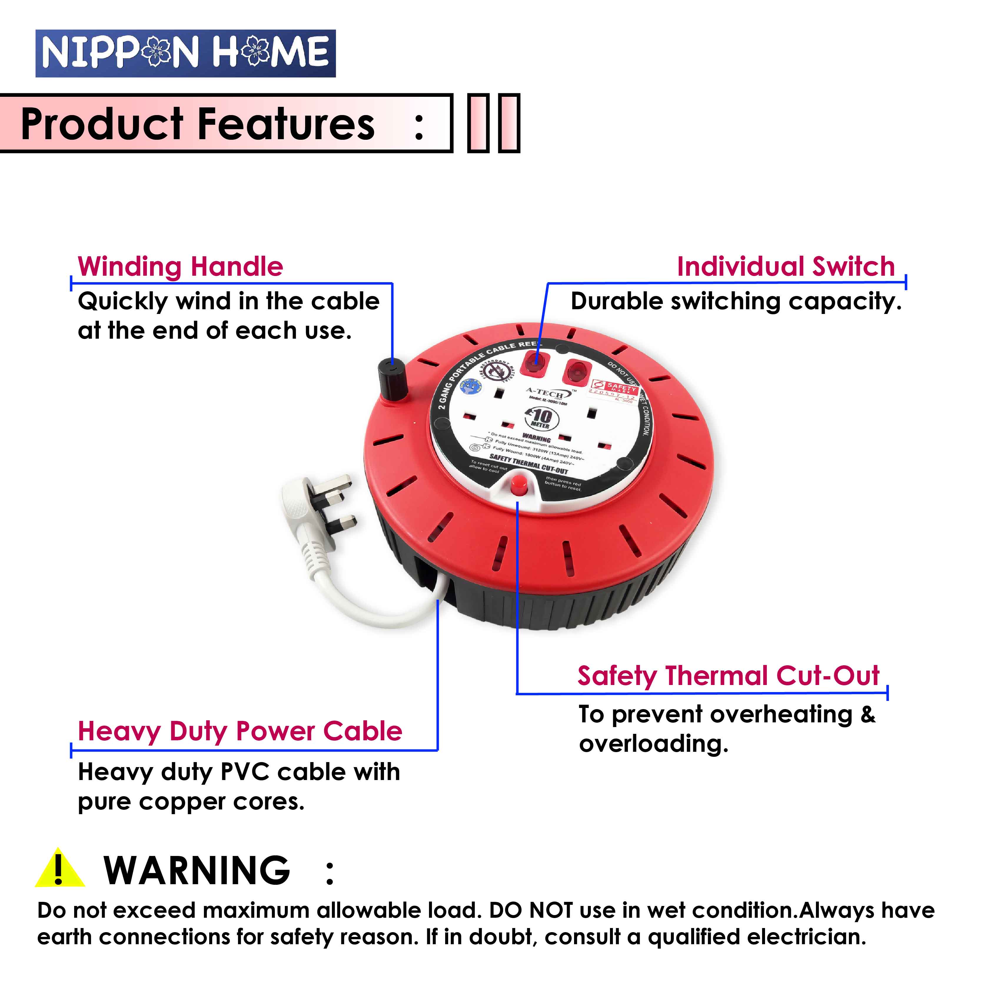 [Electrical] A-Tech Portable Extension Cable Reel Comes With 2 WAY ( 6 ...