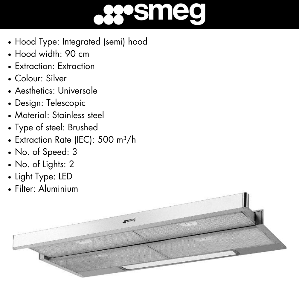 SMEG KSET9XE2 90cm Telescopic Hood, Classic Aesthetic, Stainless Steel ...