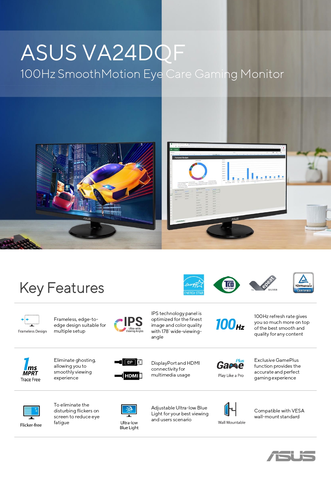 ASUS VA24DQF VA27DQF Eye Care Gaming Monitor – 24" / 27", IPS, Full HD ...