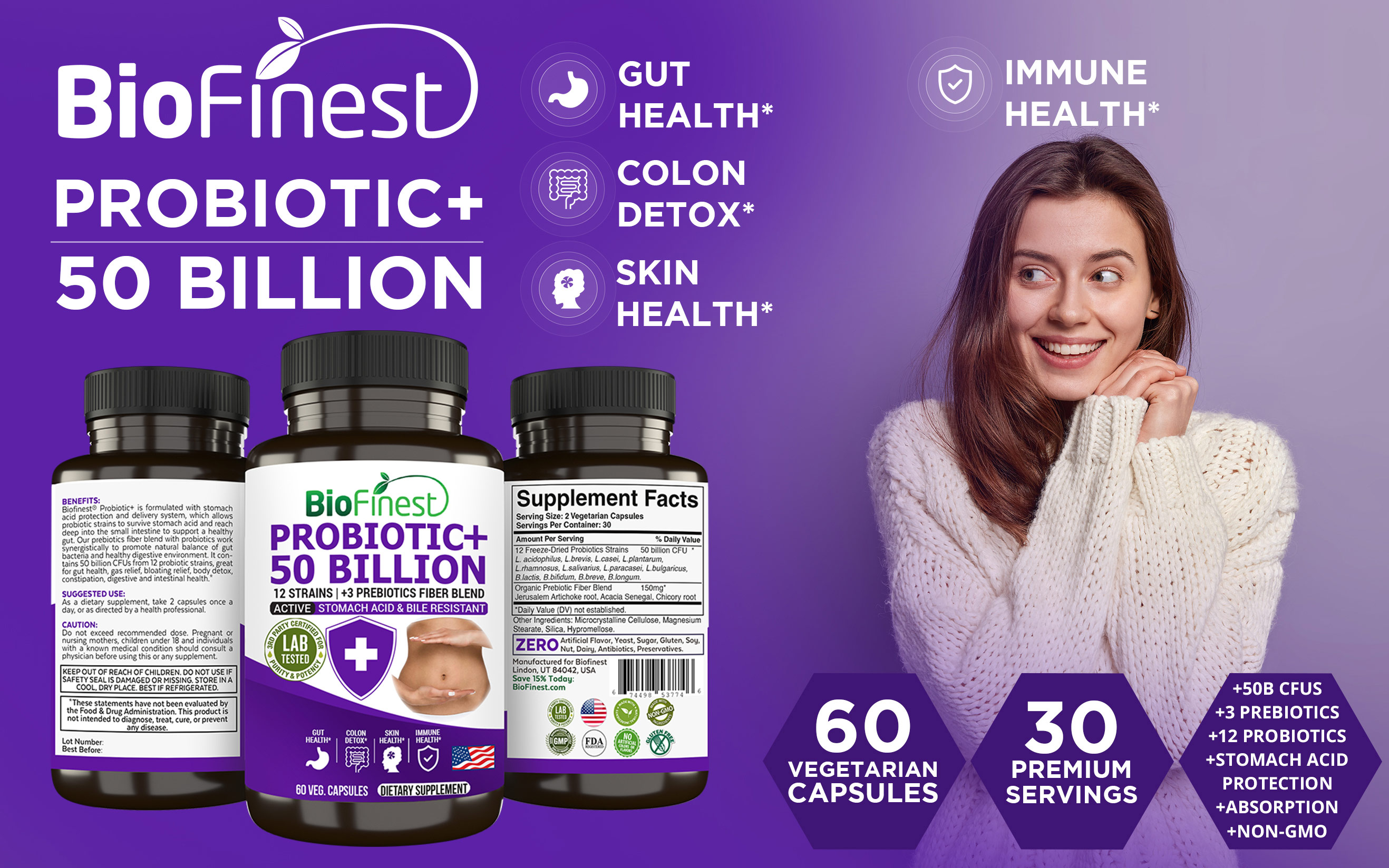 Biofinest Probiotic 50 Billion CFU Enzyme Supplement 12 + 3 Prebiotics ...