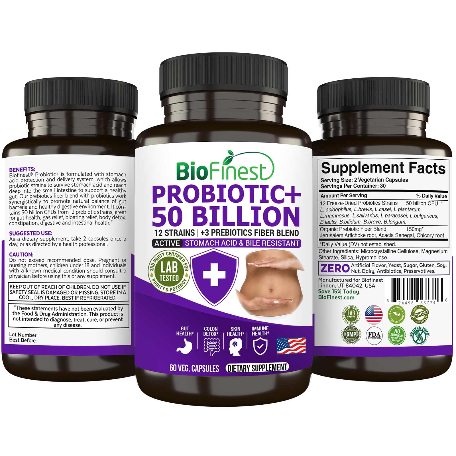 Biofinest Probiotic 50 Billion CFU Enzyme Supplement 12 + 3 Prebiotics ...