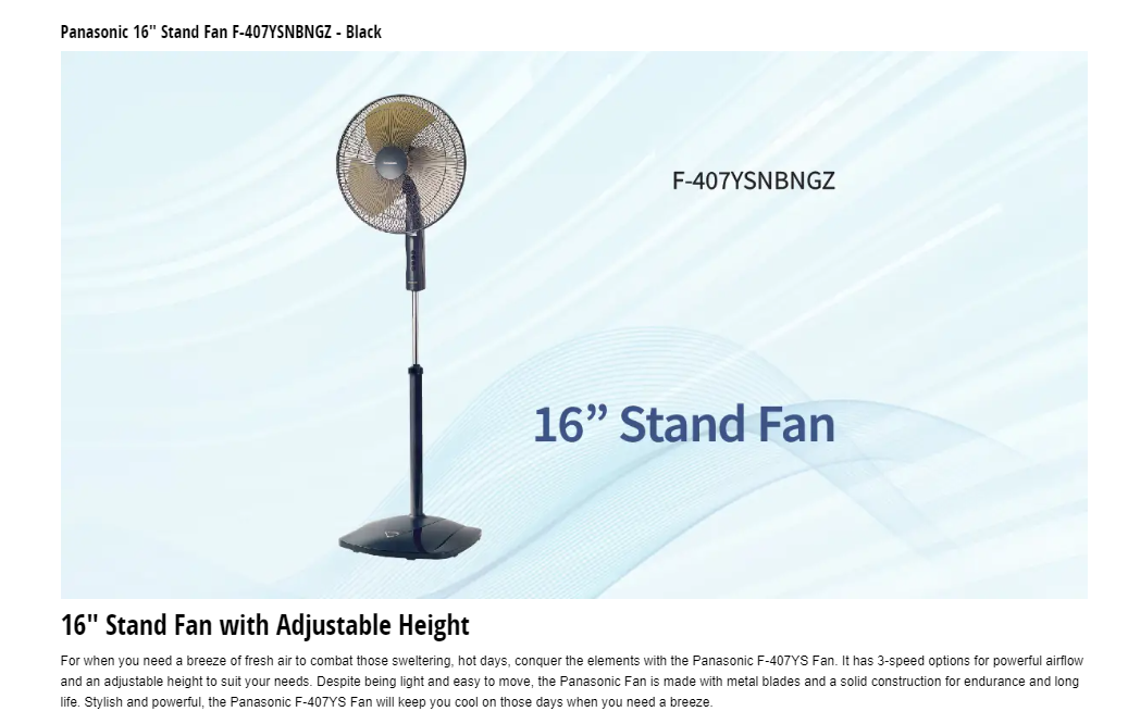 PANASONIC: F-407YSNBNGZ 16" STAND FAN METAL BLADE w ADJUSTABLE HEIGHT ...