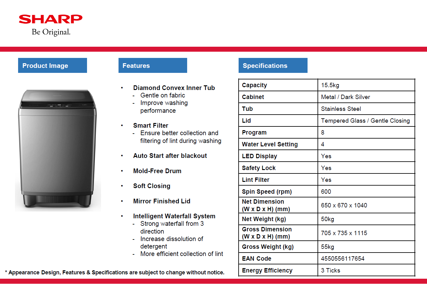 SHARP ES-X155 15.5KG DARK SILVER TOP LOAD WASHING MACHINE | Shopee ...