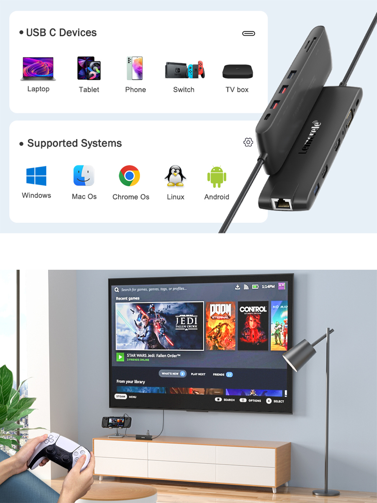 Lemorele Usb C Hub Docking Station Laptop Type C Dock Hdmi Splitter ...