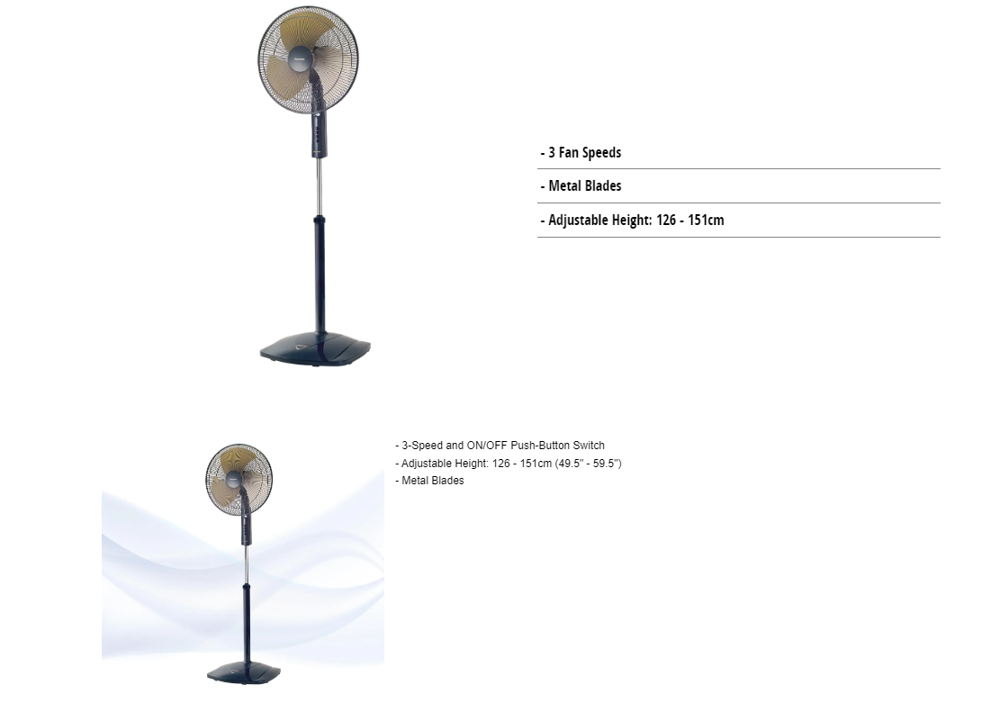 PANASONIC: F-407YSNBNGZ 16" STAND FAN METAL BLADE w ADJUSTABLE HEIGHT ...