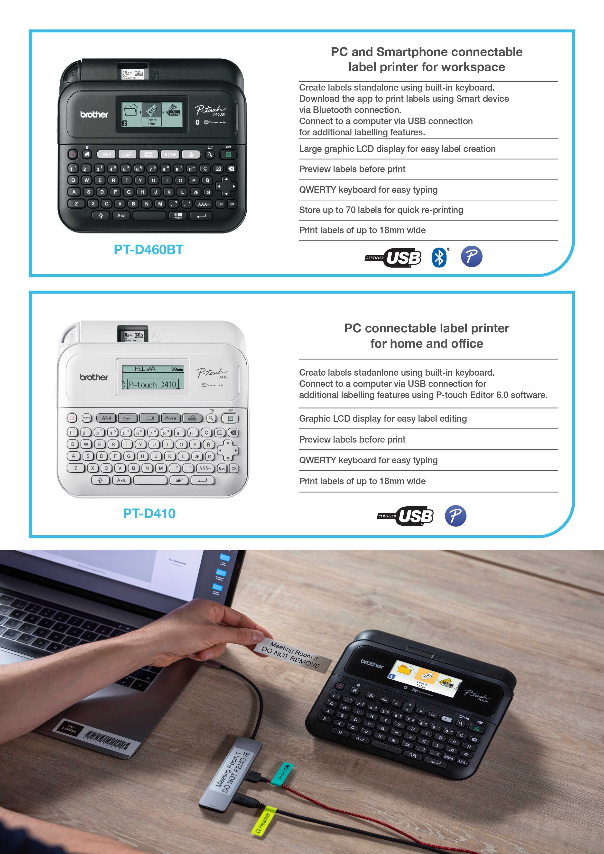 Brother PT-D460BT Desktop Bluetooth and PC Connectable Label Printer ...