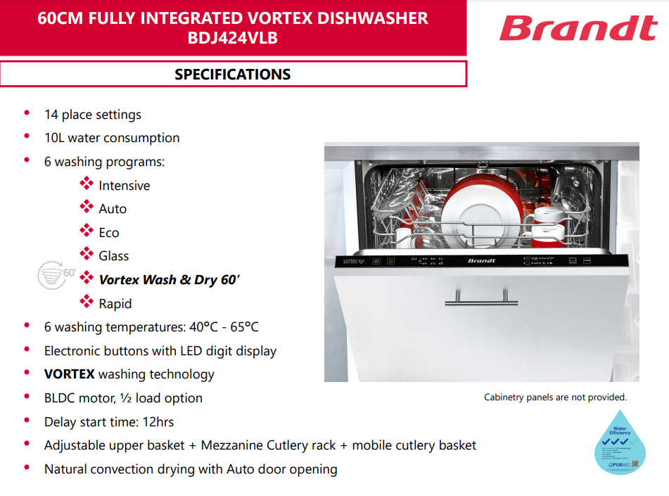 BRANDT BDJ424VLB 60CM 14 PLACE SETTINGS FULLY INTEGRATED VORTEX BUILT ...