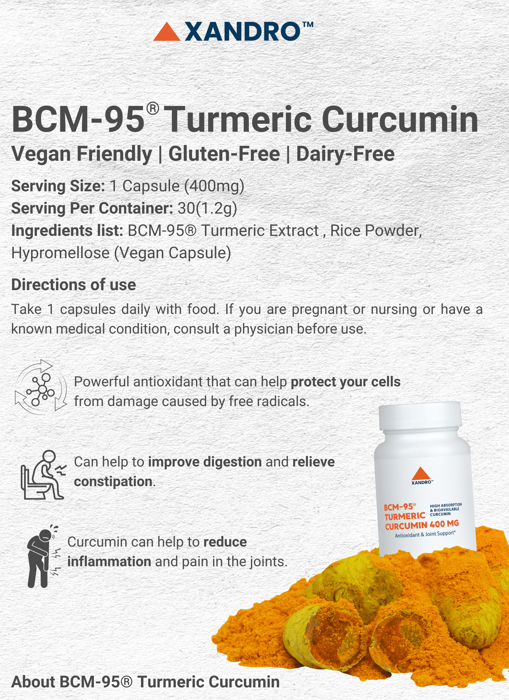 Xandro Lab BCM-95® Turmeric Curcumin 400mg [Bundle of 3] - Ease Joint Discomfort, Aid Digestion ...