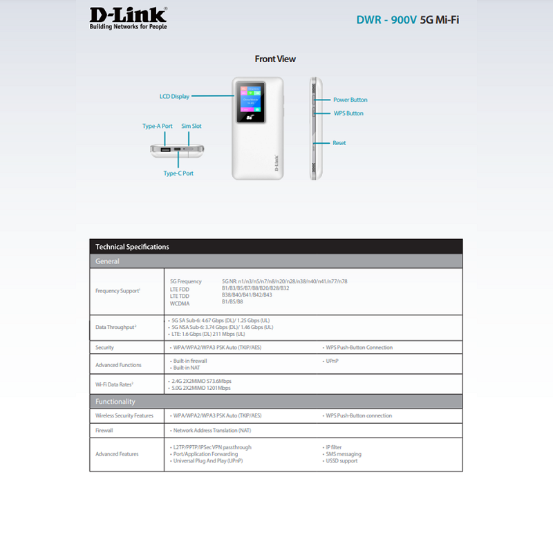 D-Link Wifi 6 DWR-900V 5G Router MiFi Mobile 5G Sim Card Router with Rechargeable 10000 mAh Li ...