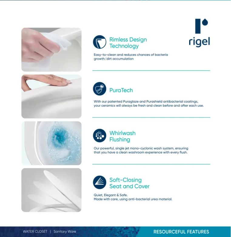 RIGEL Gallant Rimless Toilet Bowl with optional upgrade to Manual Bidet ...