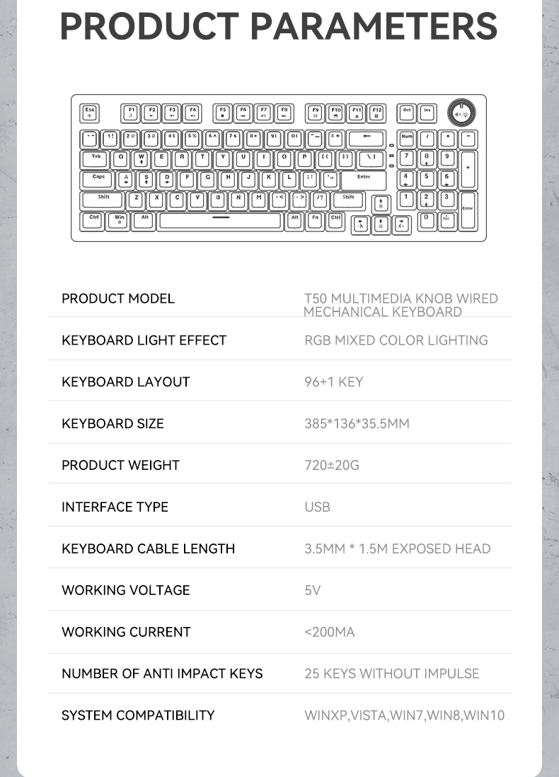 T-Wolf T50 Wired Mechanical Gaming Keyboard With Knob Design 97 Keys ...