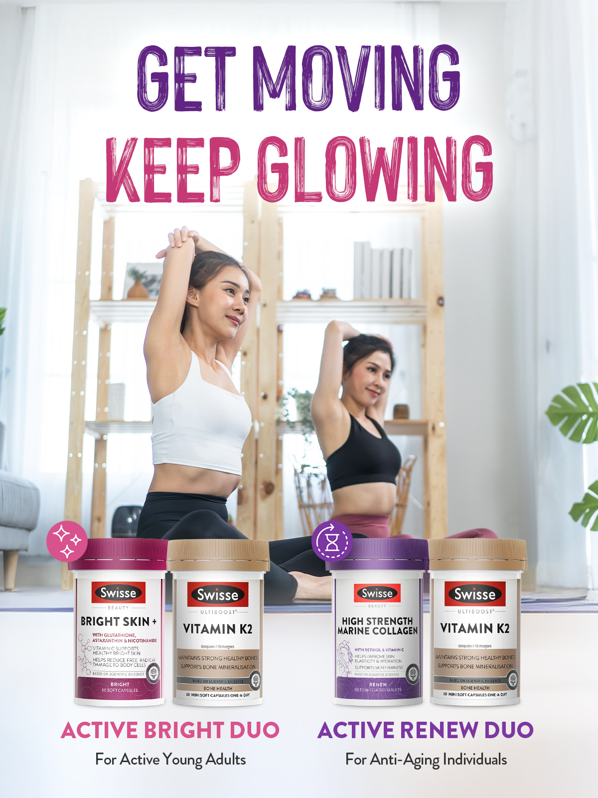 Swisse Get Moving Keep Glowing Combo Set (Vitamin K2, Bright Skin+ ...