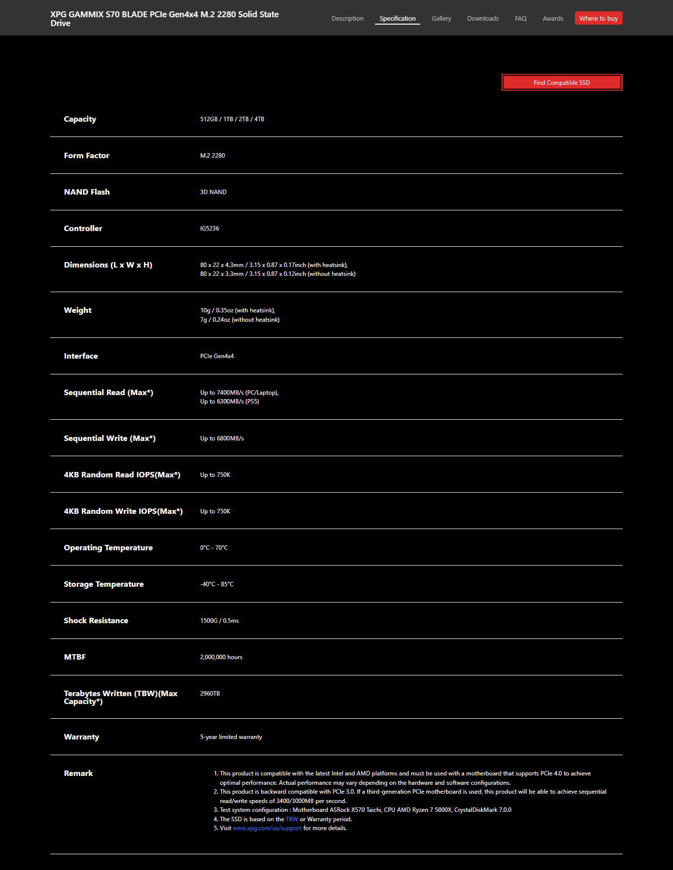 ADATA XPG GAMMIX S70 BLADE 2TB 1TB PCIe Gen4x4 M.2 SSD 2280 R/W speed up to 7400/6800/MB/s ...
