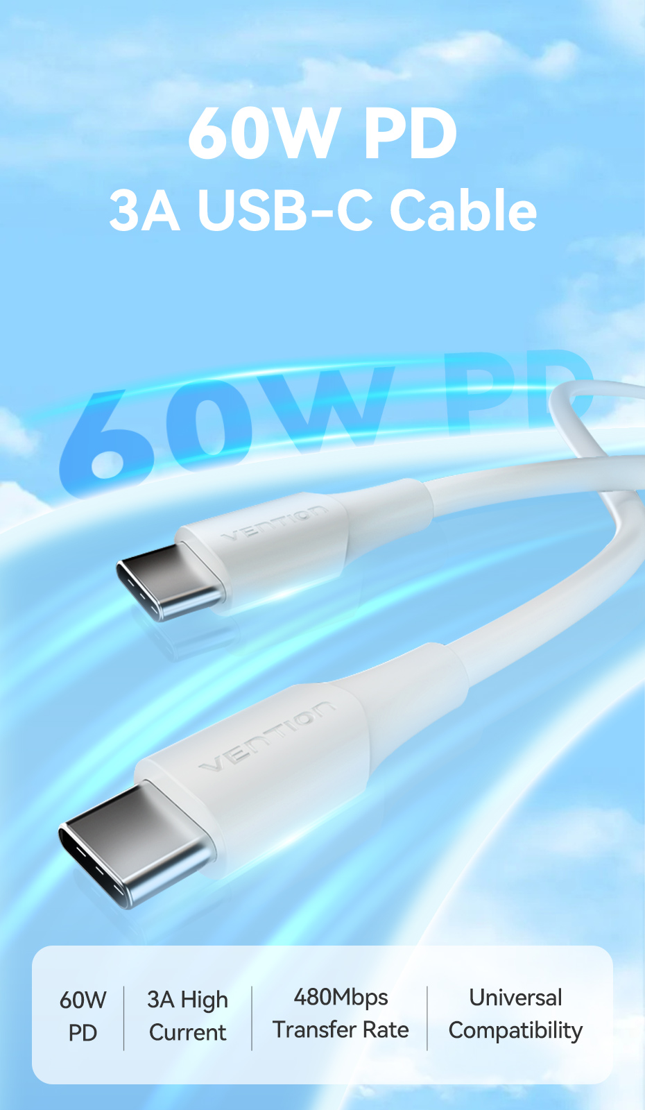 Vention PD 60W Type C Cable QC4.0 3.0 3A Fast Charge Data Cable 480Mbps High Speed USB C ...