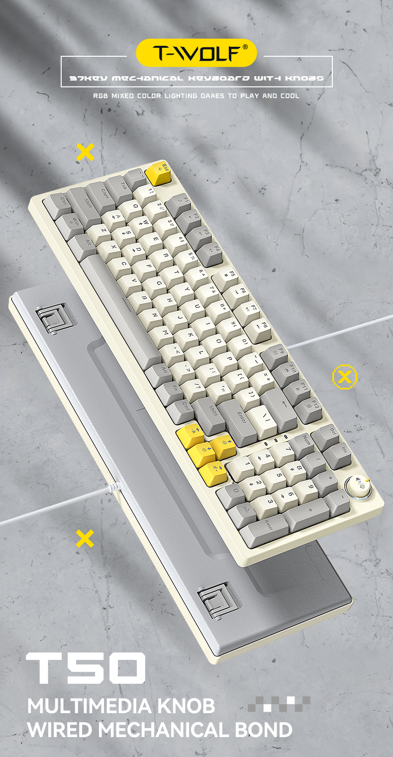T-Wolf T50 Wired Mechanical Gaming Keyboard With Knob Design 97 Keys ...