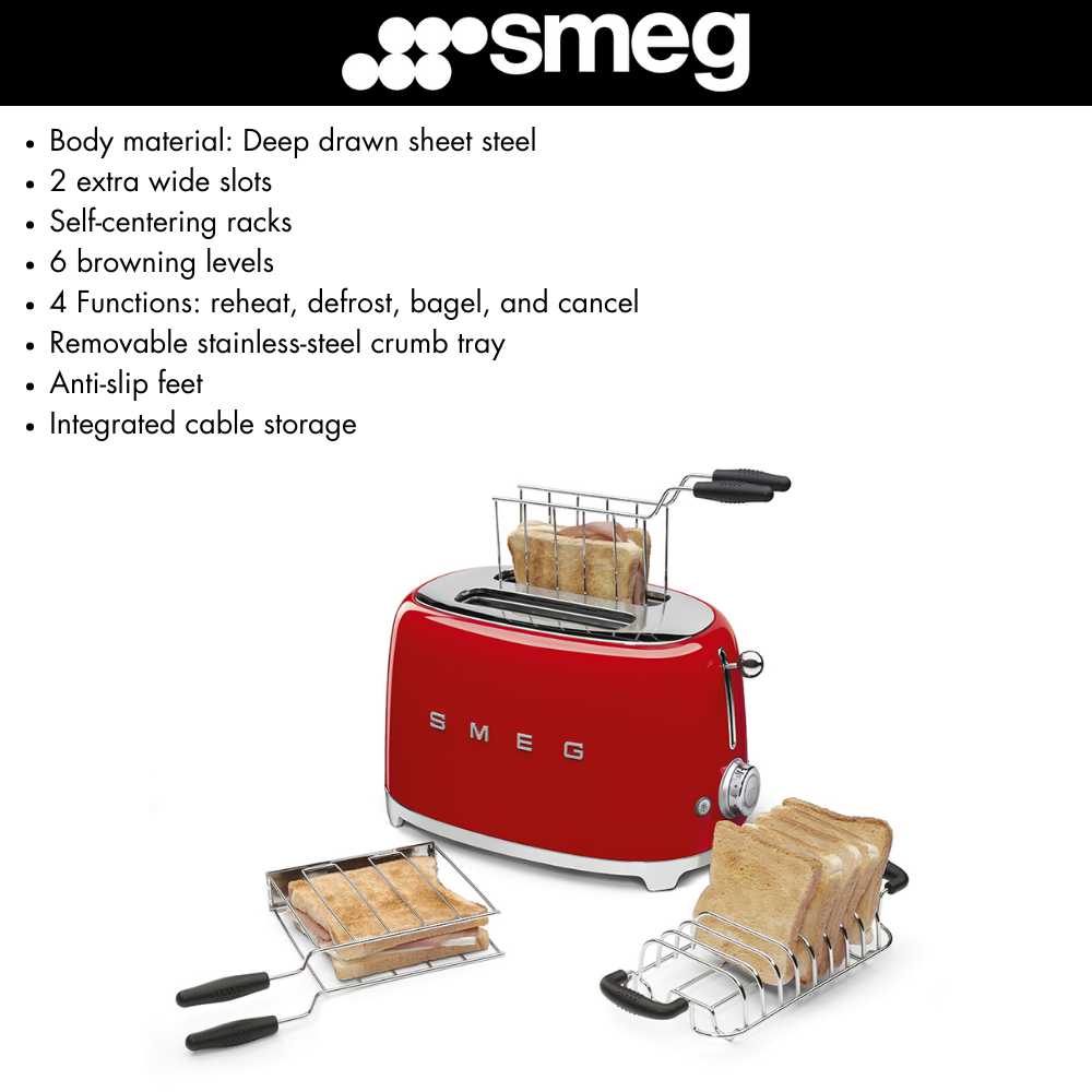 SMEG 2 Slice Toaster - Available in 8 Glossy Colours, 50's Retro Style ...