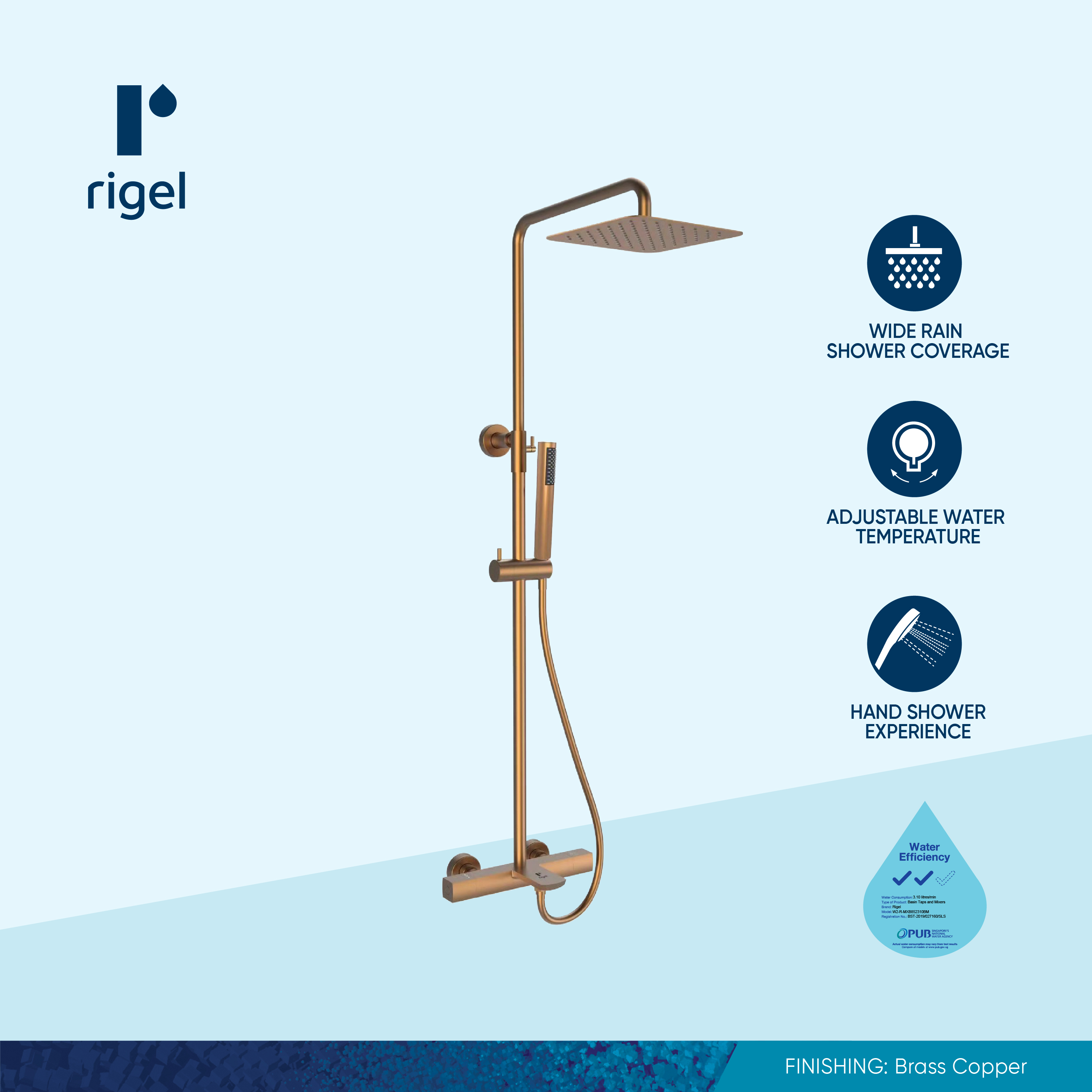 RIGEL Thermostatic Brushed Copper Rain Shower Set TSME14459T (BrCu ...