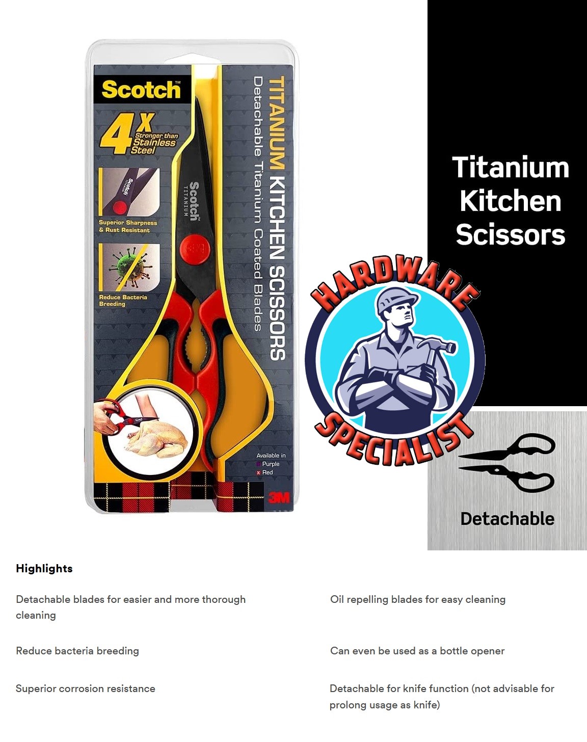 3M Scotch Kitchen Titanium Detachable Scissors [Red / Purple] / Non ...