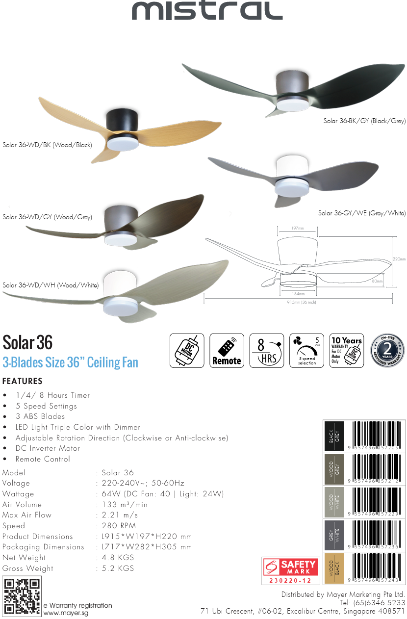 MISTRAL DC HUGGER CEILING FAN 24W TRI-TONE LED LIGHT SOLAR | Shopee ...
