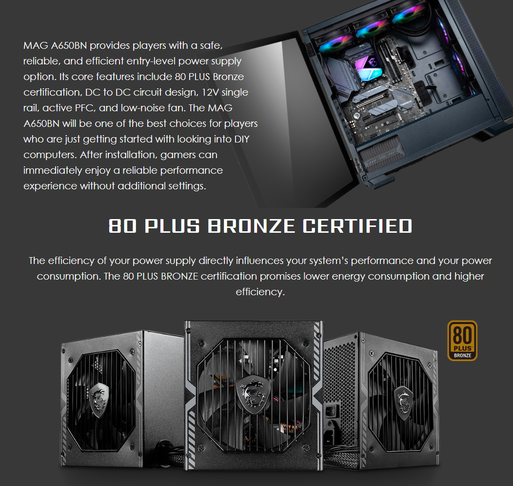 MSI MAG A650BN 650W 80+ BRONZE PSU NON-MOULAR BLACK FIXED CABLES POWER ...