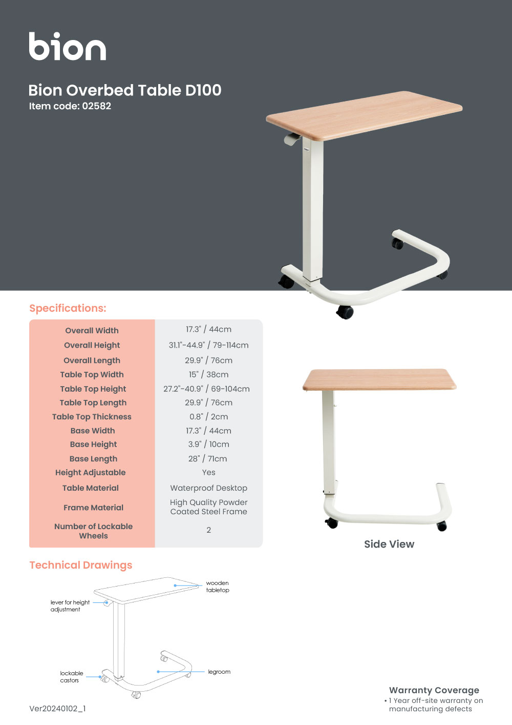 Bion Overbed Table D100 | Side Table Legroom Available Height ...